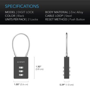 AC Infinity 3-Digit Combination Lock, 2-Pack Heavy-Duty Zinc Alloy Padlock with Steel Wire Cable for Grow Tents, Greenhouses, and Sheds