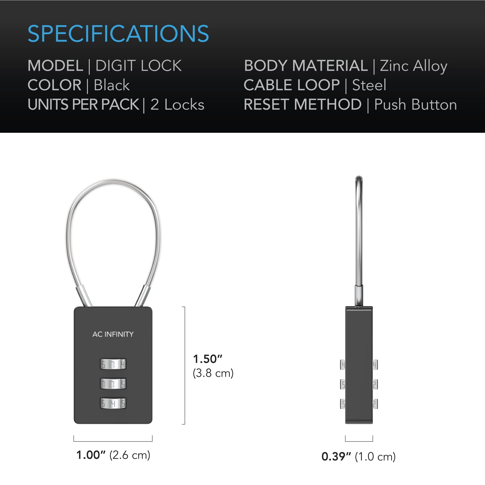 AC Infinity 3-Digit Combination Lock, 2-Pack Heavy-Duty Zinc Alloy Padlock with Steel Wire Cable for Grow Tents, Greenhouses, and Sheds