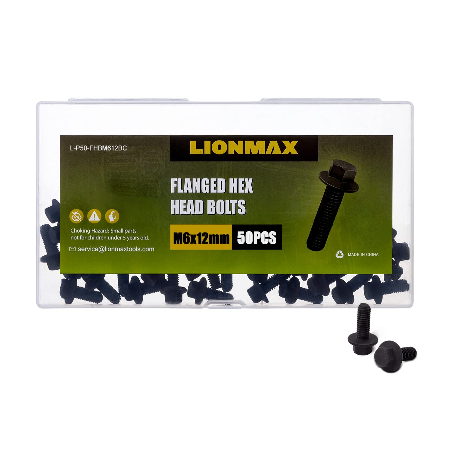 LIONMAX M6 x 12mm Hex Head Flange Bolts, Hex Flanged Bolts with Black Oxide Finish, Rust-Resistance, Grade 10.9 Carbon Steel, Quantity 50