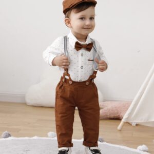 ZOEREA Baby Boy Suit Clothes Set Infant Tuxedo Long Sleeve Gentleman Outfits+Suspender Pants+Bowtie+Beret Hat 6-12 Months