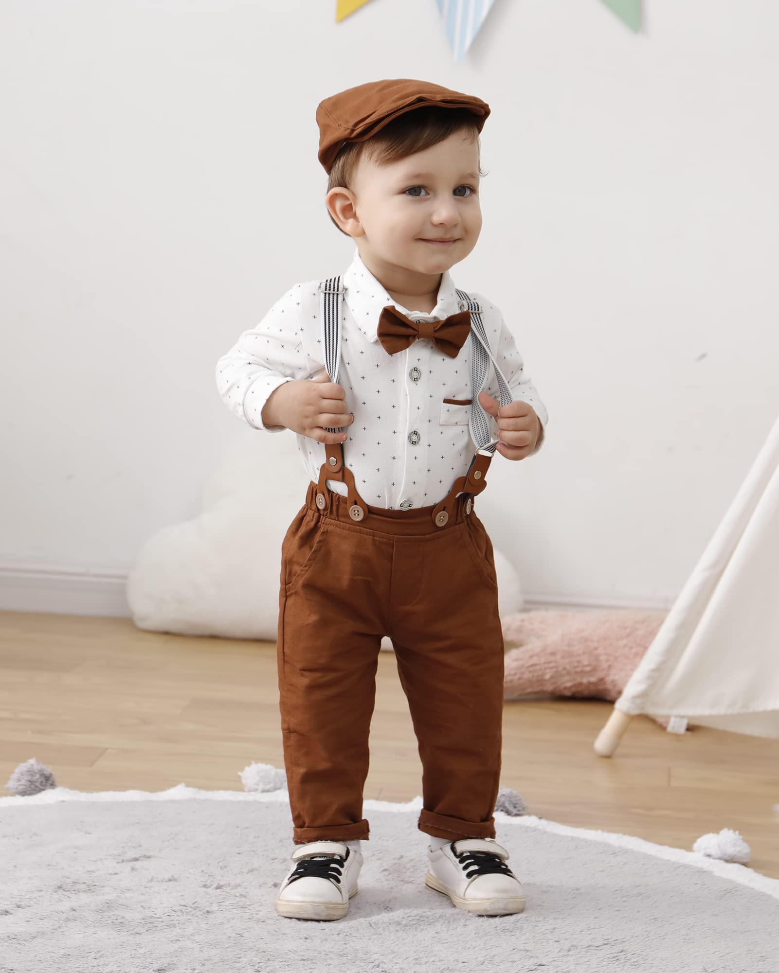 ZOEREA Baby Boy Suit Clothes Set Infant Tuxedo Long Sleeve Gentleman Outfits+Suspender Pants+Bowtie+Beret Hat 6-12 Months