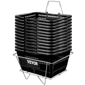 vevor shopping basket, set of 12 black, durable pe material with handle and stand, basket dimension 16.9"l x 11.8"w x 8.07"h and used for supermarket, retail, grocery- holds 21 l of merchandise