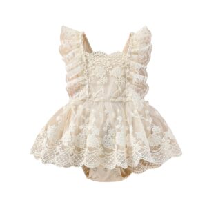 newborn baby girl lace romper dreamy floral embroidered ruffle princess dress boho outfit lace beige 6-12 months