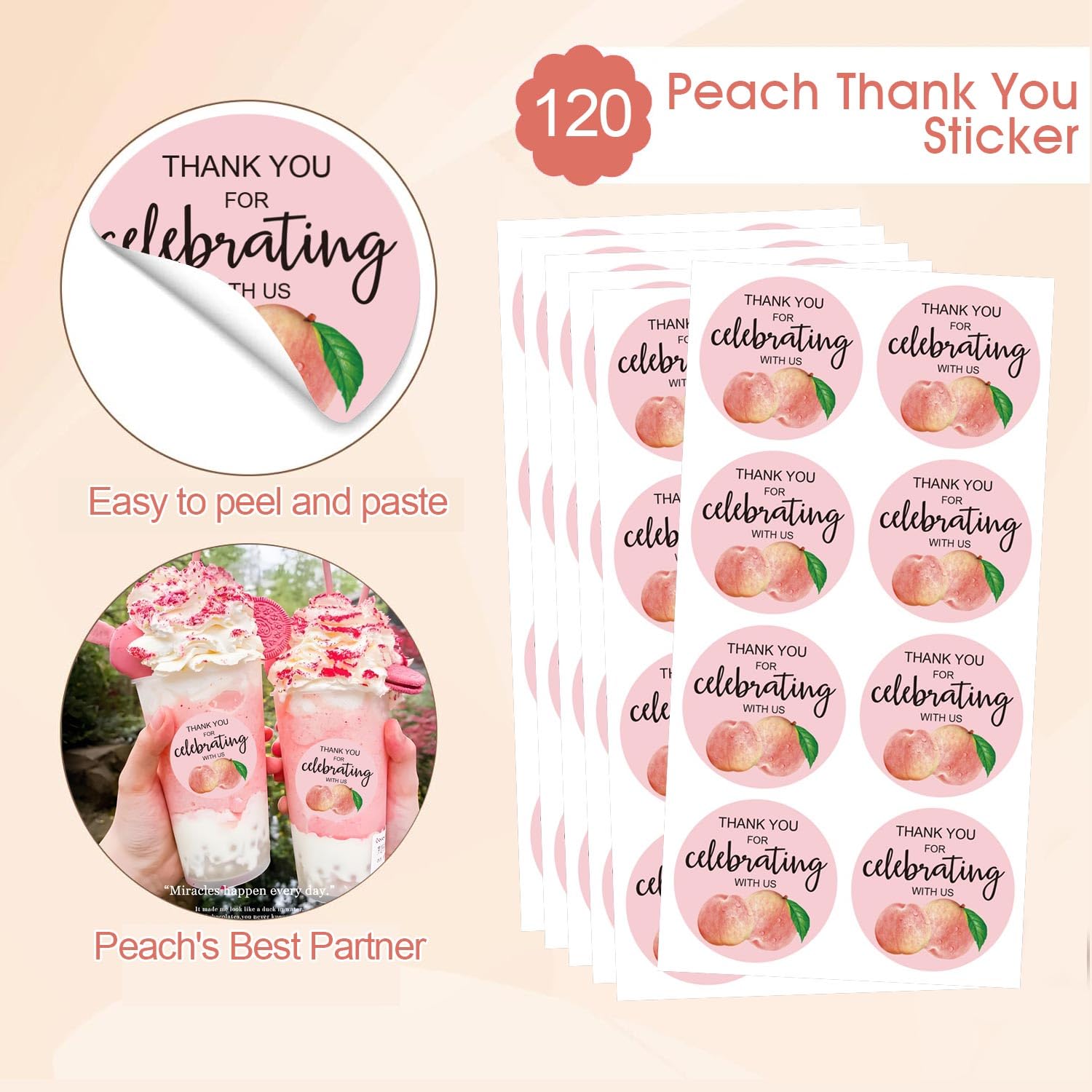 Peach Stickers Thank You for Celebrating with Us Stickers 2 Inch Peach Birthday Party Favor Sticker Labels 120 Pcs Per Pack