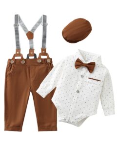 zoerea baby boy suit clothes set infant tuxedo long sleeve gentleman outfits+suspender pants+bowtie+beret hat 6-12 months