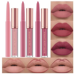 bestland 6pcs matte liquid lipstick and lip liner set, non-stick cup not fade waterproof nude lipstick makeup kits velvety nude lipliner lip gloss make up gift set (set a)