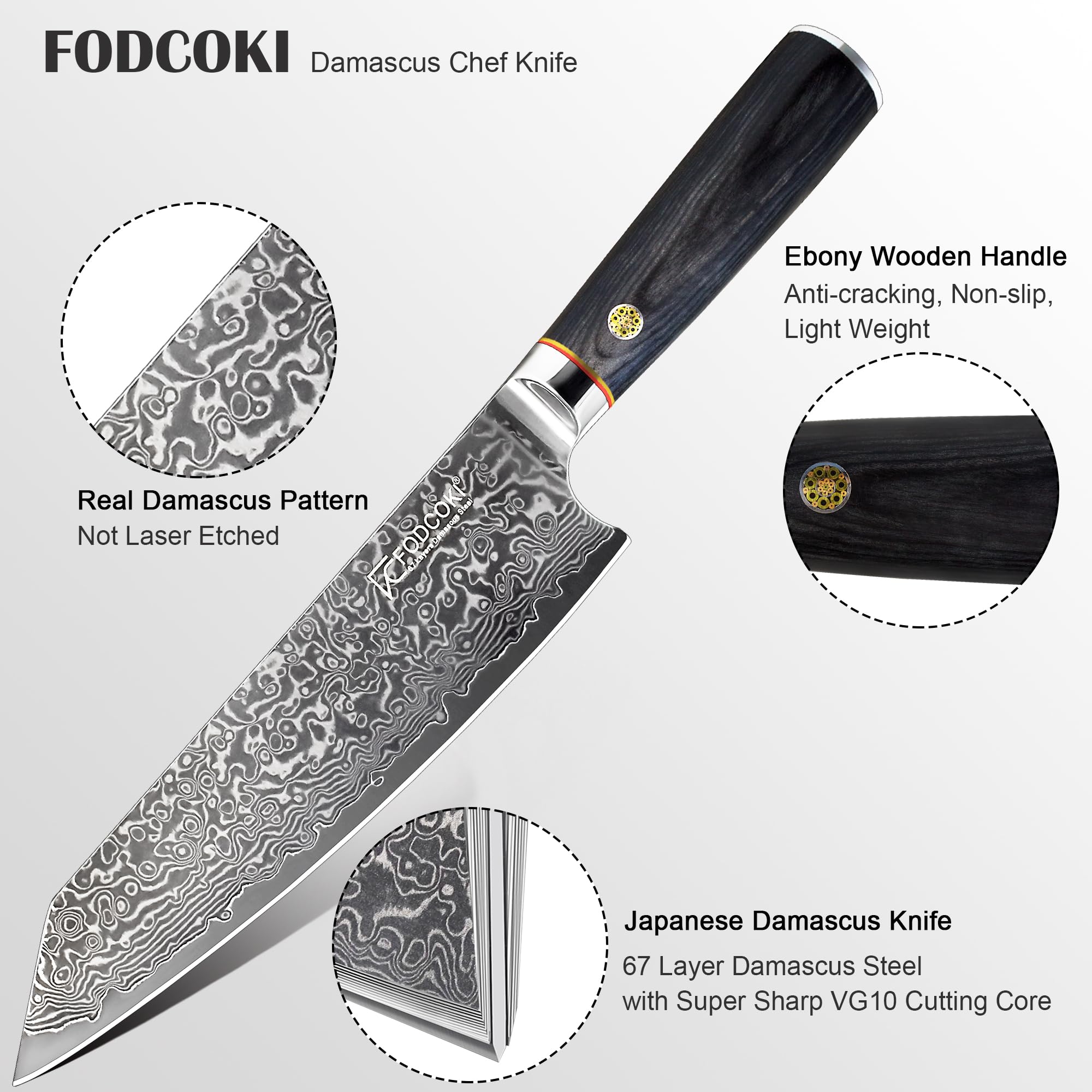 FODCOKI Chef Knife 8 Inch Damascus Kitchen Knife Japanese Chefs Knife VG 10 Super Sharp High Carbon Stainless Steel Professional Cutting Knife for Meat Vegetable