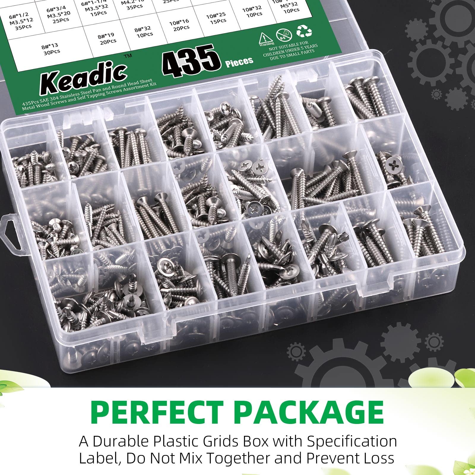 Keadic 325 Pcs 304 Stainless Steel #6#8#10 Self Tapping Screws Assortment Set Contains Round Head & Philips Flat Head & Wafer Head Self Drilling Screw Sheet Metal Screws