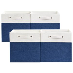 foldable storage bins 13x13 storage cubes fabric linen storage baskets for shelves drawer with handles for organizing closet, utility room, storage room, nursery, bedroom set of 4 white & navy blue