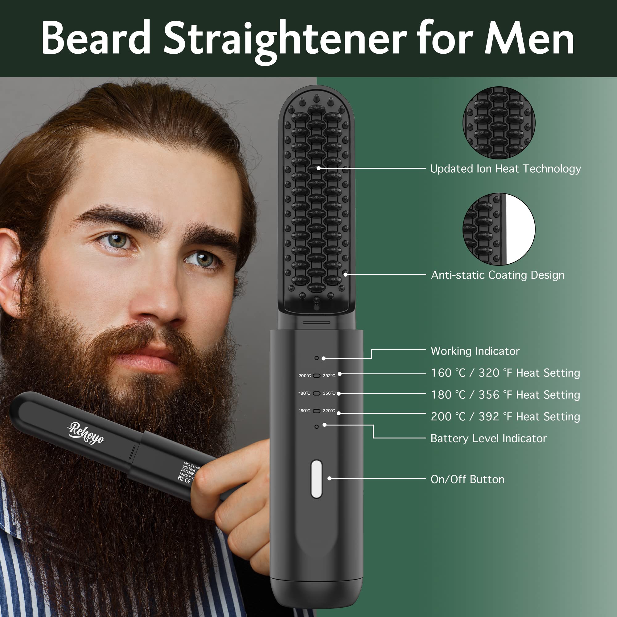 Beard Straightener for Men, REHOYO Portable Cordless Hair Straightener, Anti-Scald Heated Beard Brush, Electric Hot Comb 3 Temp Settings, Ionic Mini Straightener for Home Travel, Gifts for Men Him