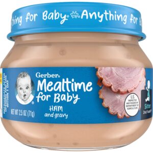 gerber mealtime for baby 2nd foods baby food jar, ham & gravy, non-gmo pureed baby food with essential nutrients, protein & zinc, 2.5-ounce glass jar (pack of 40 jars)