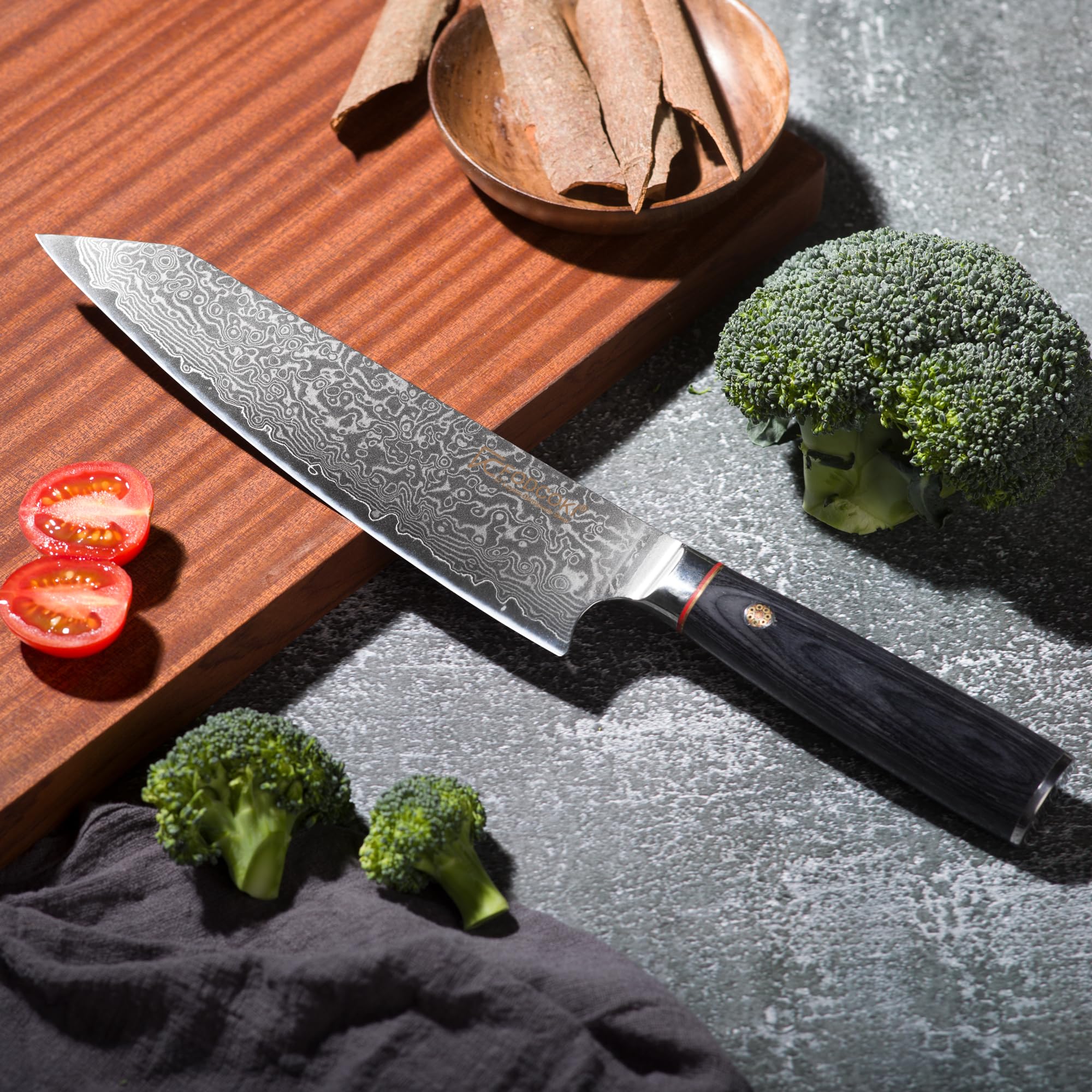 FODCOKI Chef Knife 8 Inch Damascus Kitchen Knife Japanese Chefs Knife VG 10 Super Sharp High Carbon Stainless Steel Professional Cutting Knife for Meat Vegetable