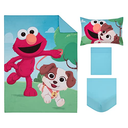 Sesame Street Furry Friends Blue, Green and Red Elmo and Puppy 4 Piece Toddler Bed Set - Comforter, Fitted Bottom Sheet, Flat Top Sheet and Reversible Pillowcase