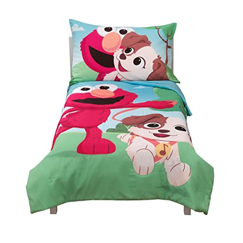 Sesame Street Furry Friends Blue, Green and Red Elmo and Puppy 4 Piece Toddler Bed Set - Comforter, Fitted Bottom Sheet, Flat Top Sheet and Reversible Pillowcase