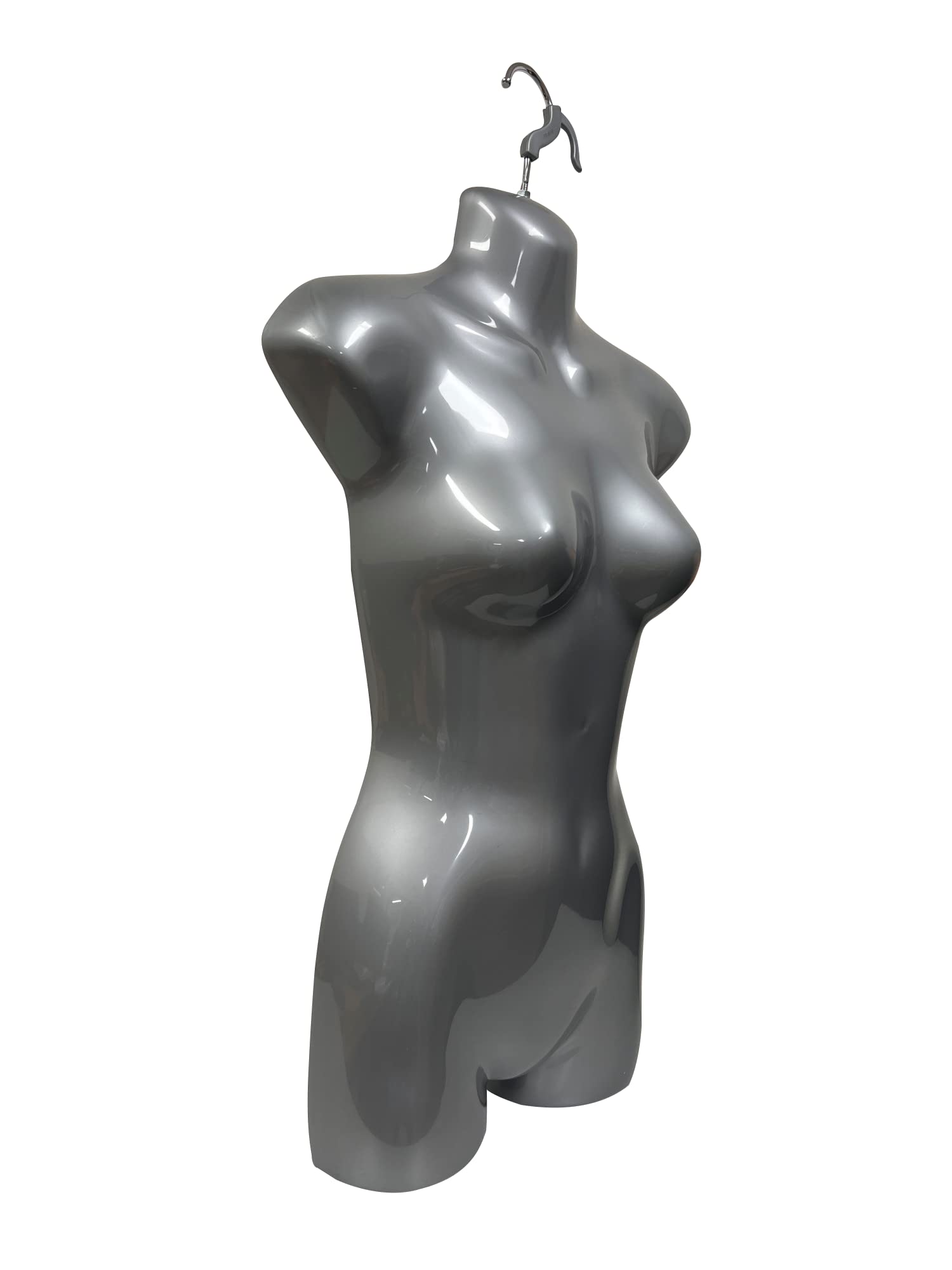 DisplayTown Silver Female Mannequin Hip Long Body Torso Dress Form & Hanging Hook, S-M Sizes