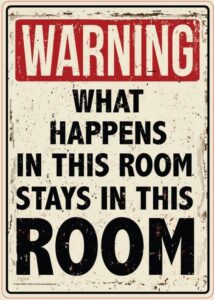 what happens in this room metal sign - easy-to-hang wall decor - fun tin signs for man cave - metal dorm room decorations, garage signs, and man cave signs