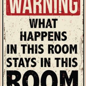 What Happens In This Room Metal Sign - Easy-to-Hang Wall Decor - Fun Tin Signs for Man Cave - Metal Dorm Room Decorations, Garage Signs, and Man Cave Signs