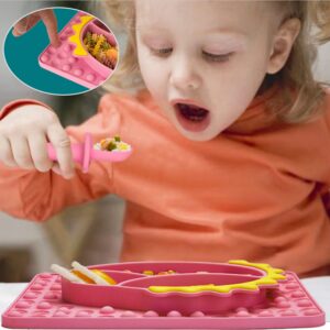 NICINGU Silicone Toddler Dinosaur Feeding Placemat Sets with Spoon and Forks,Baby Push Pop Bubble Suction Divided Plate Utensils Sets,Kids Led Weaning Dish Sets-Pink Dinosaur Placemat Sets