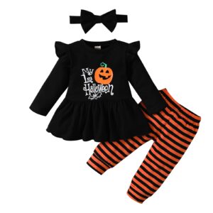 noubeau my 1st halloween baby girl outfits ruffle pumpkin print tunic drees shirt stripe pants legging fall winter clothes（black- a,6-12 months）