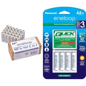 eneloop panasonic bk-3mca24/ca aa 2100 cycle ni-mh batteries 24 pack & panasonic k-kj55mca4ba advanced individual battery 3 hour quick charger with 4 aa rechargeable batteries, white