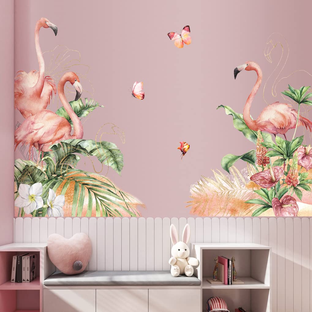 RW-C328 Pink Flamingo Wall Decals Tropical Green Plants Flowers Wall Stickers DIY Removable Flamingo Floral Butterfly Tree Leaves Wall Art Decor for Kids Girls Bedroom Living Room Nursery Decoration