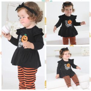 Noubeau My 1st Halloween Baby Girl Outfits Ruffle Pumpkin Print Tunic Drees Shirt Stripe Pants Legging Fall Winter Clothes（Black- A,6-12 Months）