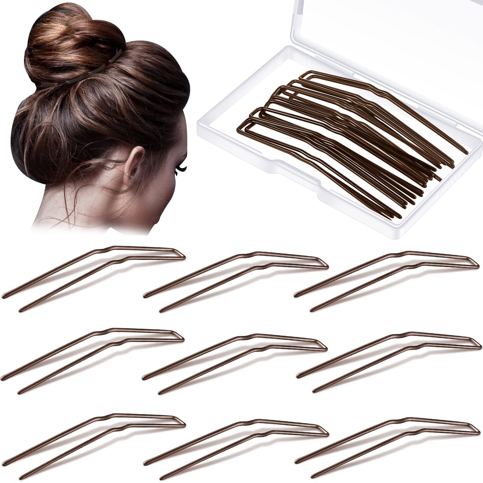 MTLEE 24 Pcs U Shaped Hair Pins, Ballet Bobby Pins U Pin Hair Styling Pins for Updo with Storage Box, Metal U Bun Hair Forks for Women Girls Thick Thin Long Curly Hair(Brown, 2.5 Inch)