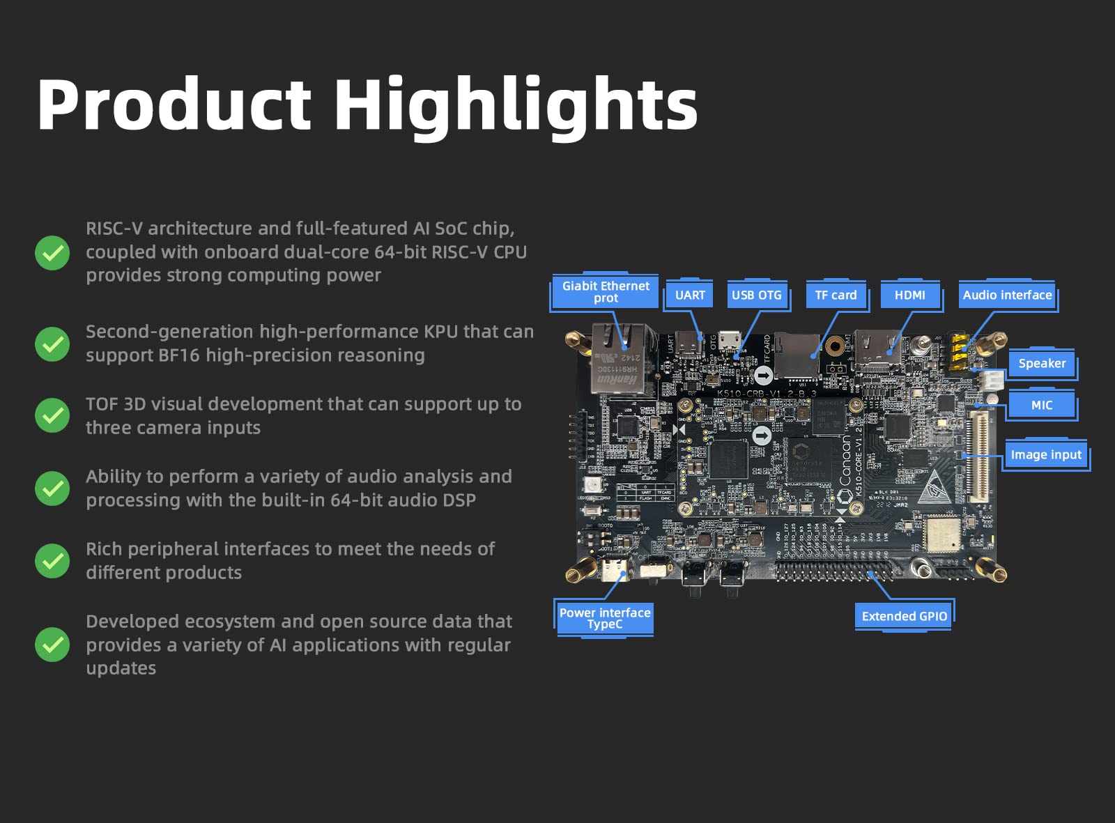 Kendryte K510 CRB-KIT Developer Kit Based on Dual-core 64-bit RISC-V AI SoC Chip 512M LPDDR3+16GB eMMC 5.1 Storage Support Linux System for AI Deep Learning