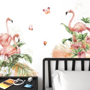 RW-C328 Pink Flamingo Wall Decals Tropical Green Plants Flowers Wall Stickers DIY Removable Flamingo Floral Butterfly Tree Leaves Wall Art Decor for Kids Girls Bedroom Living Room Nursery Decoration