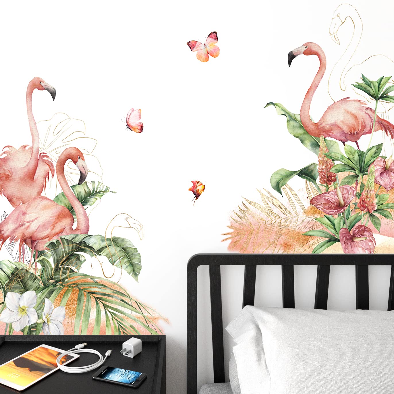 RW-C328 Pink Flamingo Wall Decals Tropical Green Plants Flowers Wall Stickers DIY Removable Flamingo Floral Butterfly Tree Leaves Wall Art Decor for Kids Girls Bedroom Living Room Nursery Decoration