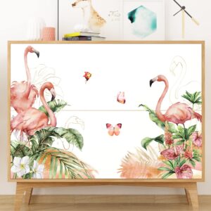 RW-C328 Pink Flamingo Wall Decals Tropical Green Plants Flowers Wall Stickers DIY Removable Flamingo Floral Butterfly Tree Leaves Wall Art Decor for Kids Girls Bedroom Living Room Nursery Decoration