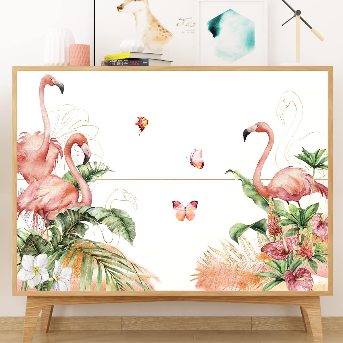 RW-C328 Pink Flamingo Wall Decals Tropical Green Plants Flowers Wall Stickers DIY Removable Flamingo Floral Butterfly Tree Leaves Wall Art Decor for Kids Girls Bedroom Living Room Nursery Decoration