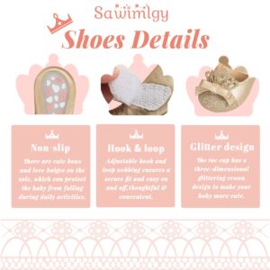 Sawimlgy Baby Girls Mary Jane Sequins Crown Flats PU Leather Wedding Party Princess Ballet Shoe Infant Rubber Sole Prewalker Toddler First Crib Shoes