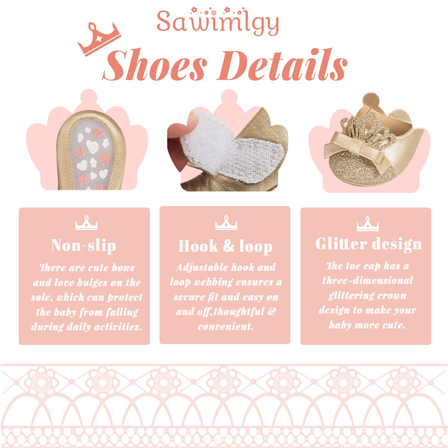 Sawimlgy Baby Girls Mary Jane Sequins Crown Flats PU Leather Wedding Party Princess Ballet Shoe Infant Rubber Sole Prewalker Toddler First Crib Shoes