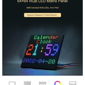 Coolwell RGB Full-Color LED Matrix Panel for Raspberry Pi and Ardui, 3mm Pitch, 64×64, 4096 Individual RGB LEDs, Brightness Adjustable