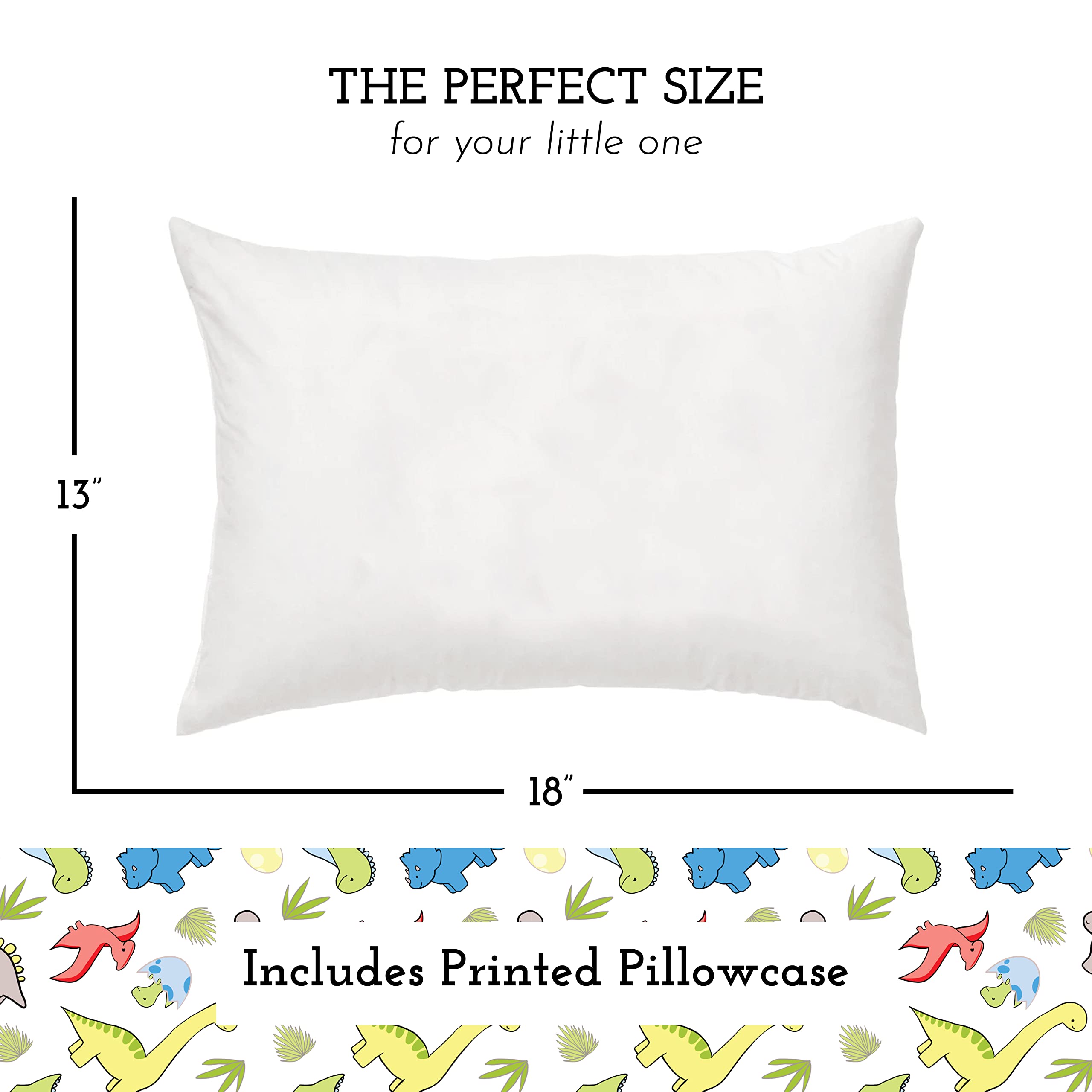 Toddler Pillow with Pillowcase 13x18 - Kids Pillow for Sleeping - Toddler Pillow - Better Neck Support Ergonomic Pillow and Toddler Pillowcase - Best Pillows for Kids (Dinosaurs White)