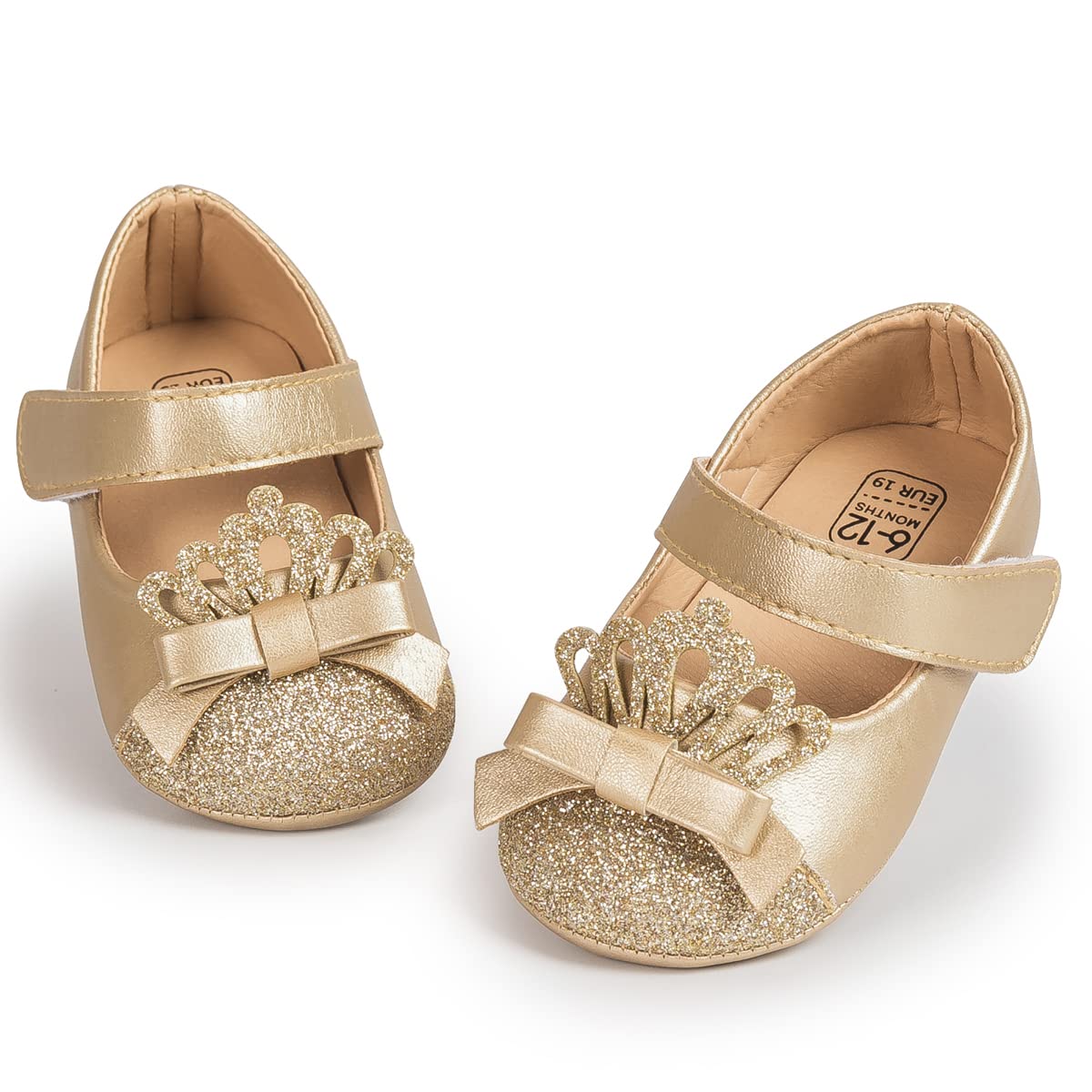 Sawimlgy Baby Girls Mary Jane Sequins Crown Flats PU Leather Wedding Party Princess Ballet Shoe Infant Rubber Sole Prewalker Toddler First Crib Shoes