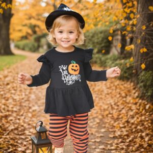 Noubeau My 1st Halloween Baby Girl Outfits Ruffle Pumpkin Print Tunic Drees Shirt Stripe Pants Legging Fall Winter Clothes（Black- A,6-12 Months）