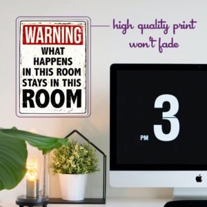 What Happens In This Room Metal Sign - Easy-to-Hang Wall Decor - Fun Tin Signs for Man Cave - Metal Dorm Room Decorations, Garage Signs, and Man Cave Signs