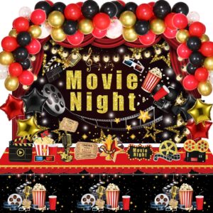 buryeah 99 pcs movie night party decorations kit include movie themed table cover movie night photo backdrop film cutouts and colorful balloons for graduation birthday red carpet party supplies