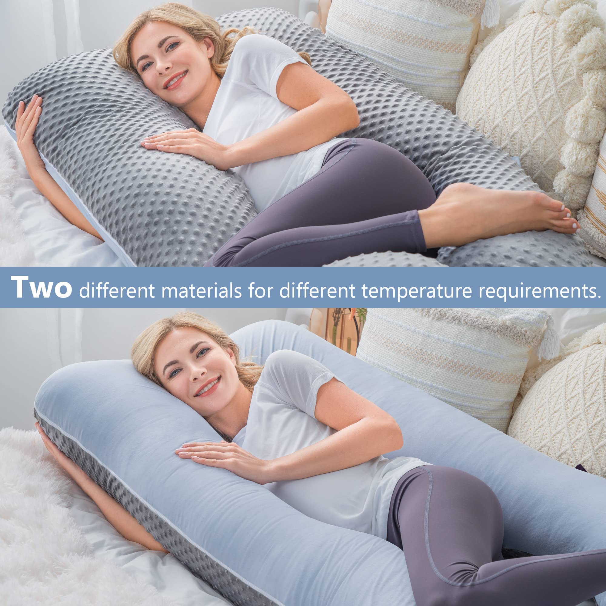 Meiz Pregnancy Pillows, Pregnancy Body Pillow, Pregnancy Pillows for Sleeping, Maternity Pillow for Pregnant Women with Cooling Jersey & Velvet Cover, Grey & Blue