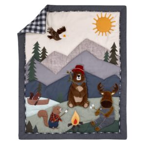 nojo into the wilderness navy, green, and brown, camping bear, moose, eagle, and beaver campfire 4 piece nursery crib bedding set - comforter, cotton fitted crib sheet, crib skirt, and storage tote