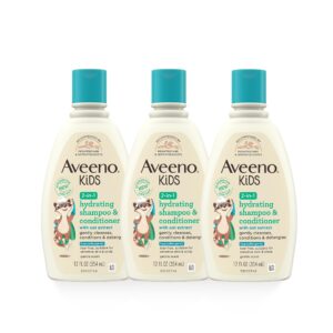 aveeno kids 2-in-1 shampoo and conditioner, hydrating shampoo and conditioner for soft, smooth and easily manageable hair, oat extract formula, gentle scent, hypoallergenic, 12 fl oz (pack of 3)