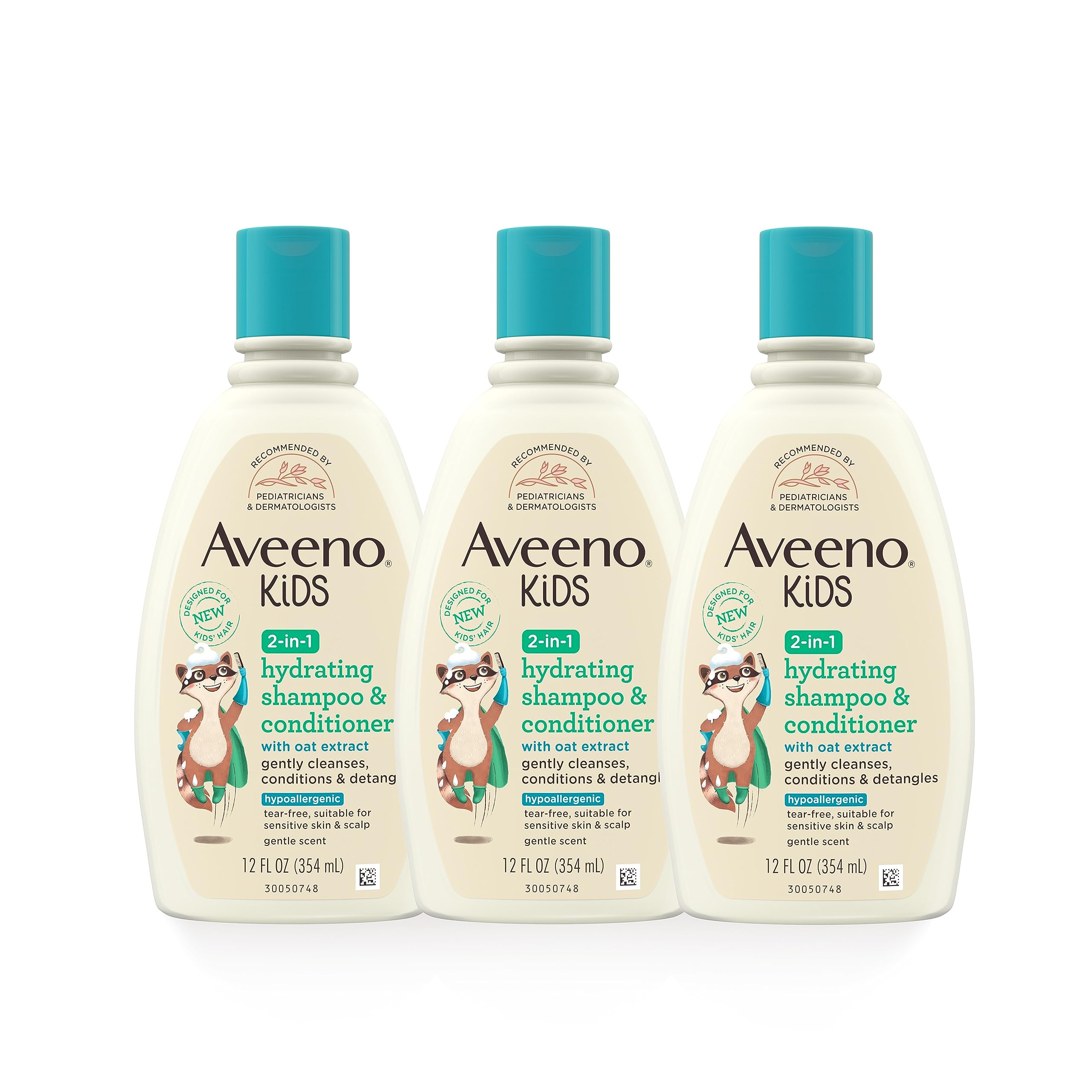 Aveeno Kids 2-in-1 Shampoo and Conditioner, Hydrating Shampoo and Conditioner for Soft, Smooth and Easily Manageable Hair, Oat Extract Formula, Gentle Scent, Hypoallergenic, 12 FL OZ (Pack of 3)