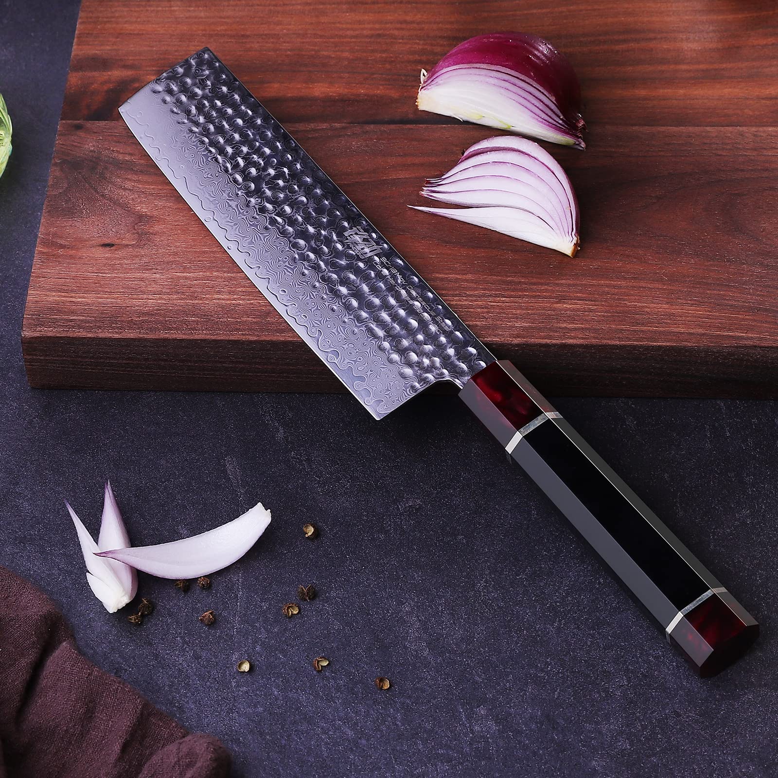 FINDKING 7 Inch Japanese Nakiri Knife with ABS sheath, Professional Vegetable Cleaver, Damascus Steel Blade, Resin Octagonal Handle, for Shredding, Slicing, Mincing (Eternity Series)