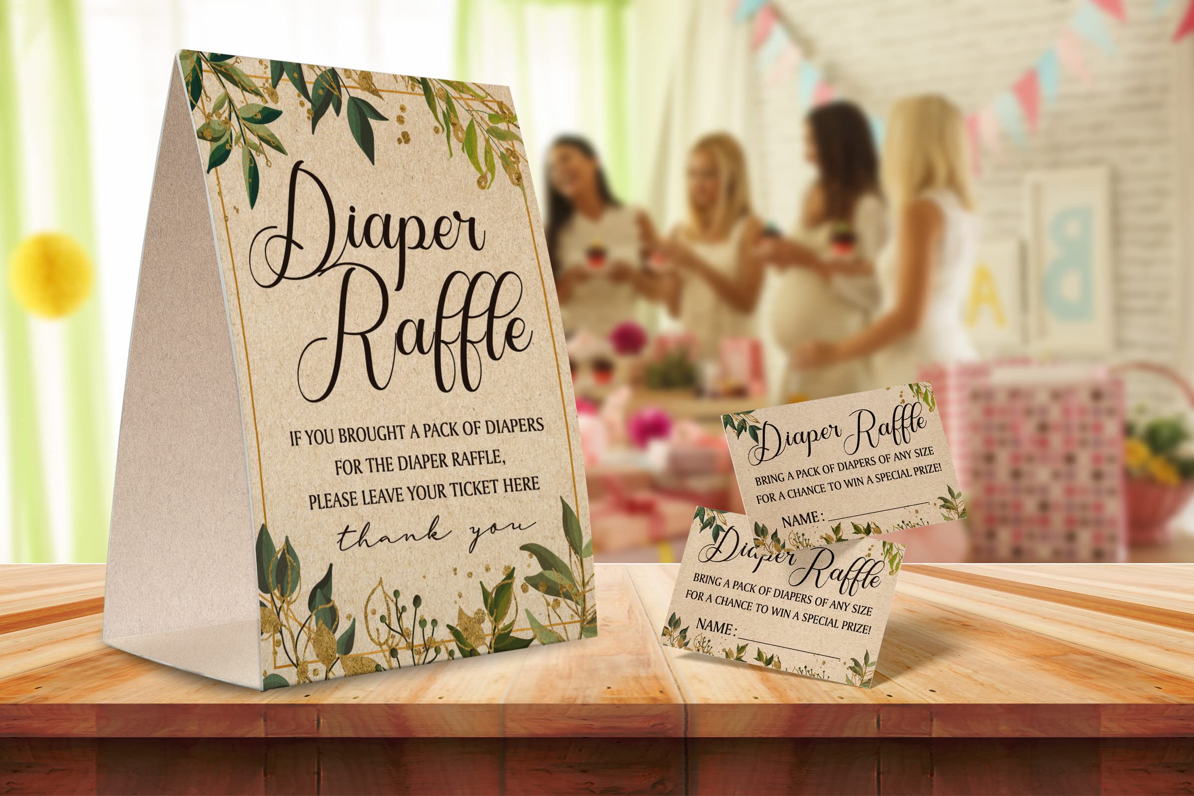 Kraft Paper Diaper Raffle Sign,Diaper Raffle Baby Shower Game Kit (1 Standing Sign + 50 Guessing Cards),Greenery Raffle Insert Ticket,Card for Baby Shower Game to Bring a Pack of Diapers-NPZ01