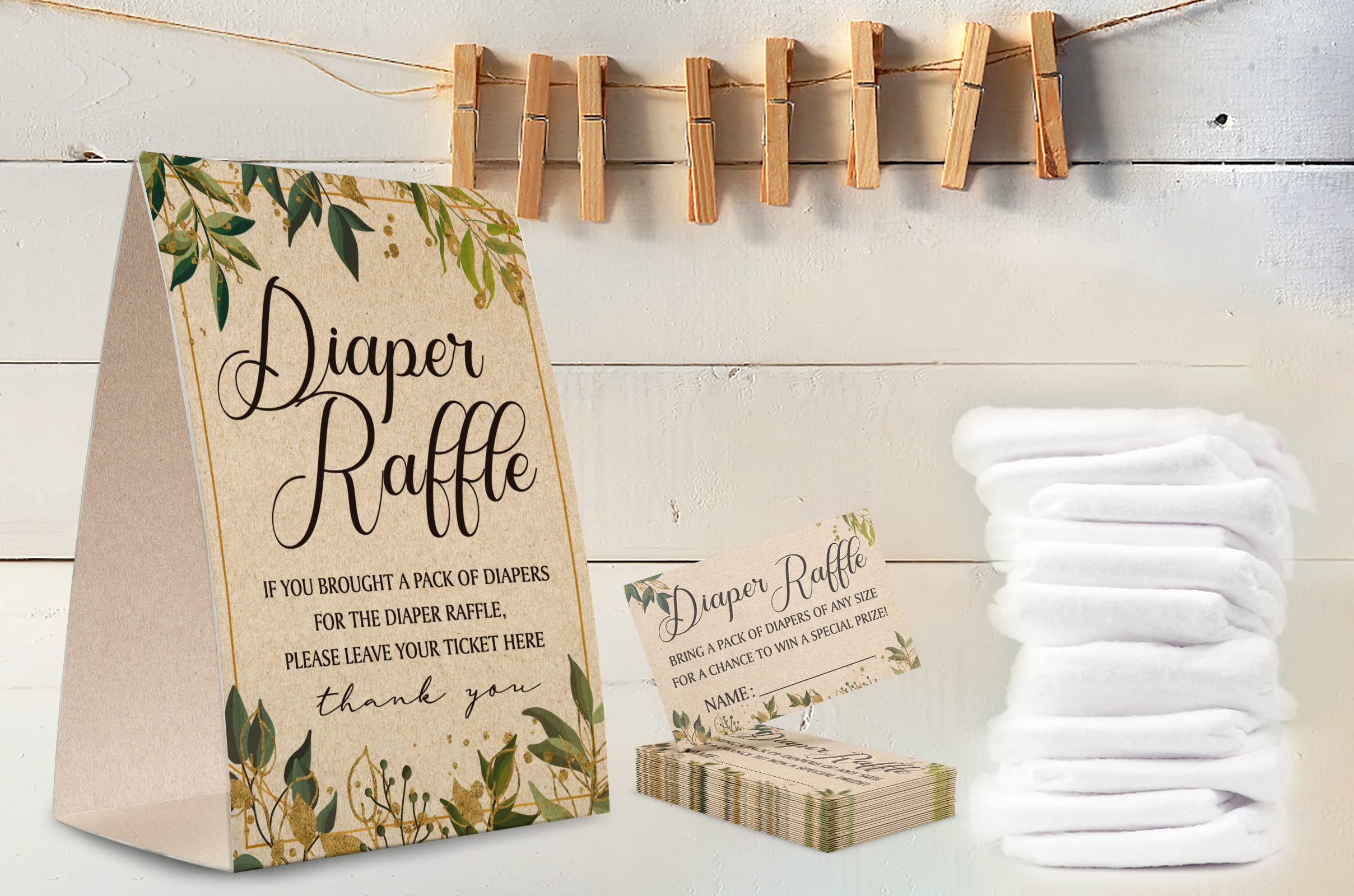 Kraft Paper Diaper Raffle Sign,Diaper Raffle Baby Shower Game Kit (1 Standing Sign + 50 Guessing Cards),Greenery Raffle Insert Ticket,Card for Baby Shower Game to Bring a Pack of Diapers-NPZ01