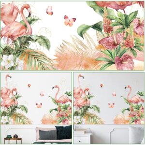 RW-C328 Pink Flamingo Wall Decals Tropical Green Plants Flowers Wall Stickers DIY Removable Flamingo Floral Butterfly Tree Leaves Wall Art Decor for Kids Girls Bedroom Living Room Nursery Decoration