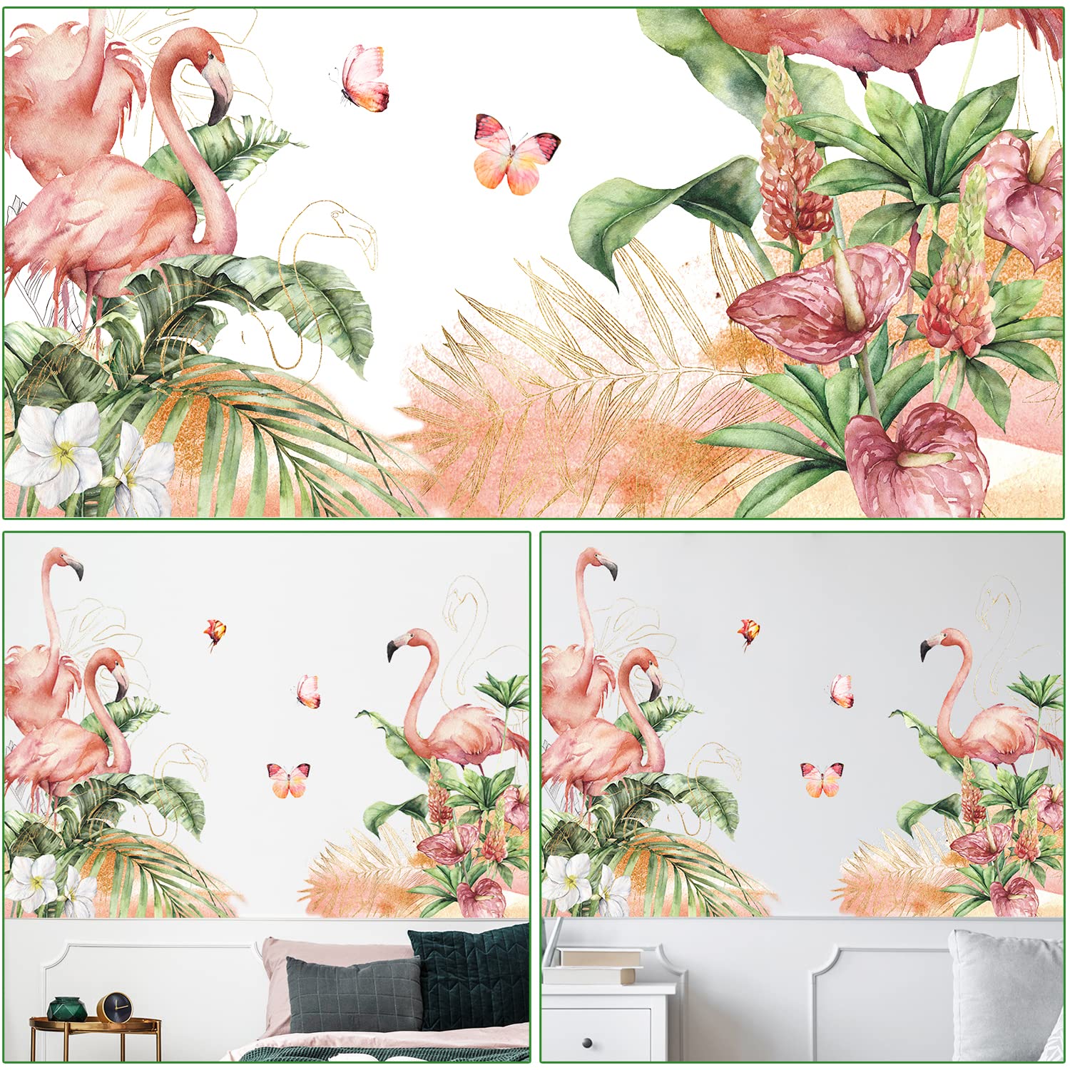 RW-C328 Pink Flamingo Wall Decals Tropical Green Plants Flowers Wall Stickers DIY Removable Flamingo Floral Butterfly Tree Leaves Wall Art Decor for Kids Girls Bedroom Living Room Nursery Decoration