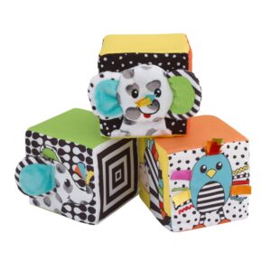 sassy baby eli elephant, zebra and monkey multi-colored developmental plush baby blocks, set of three with crinkle, mirror and chime